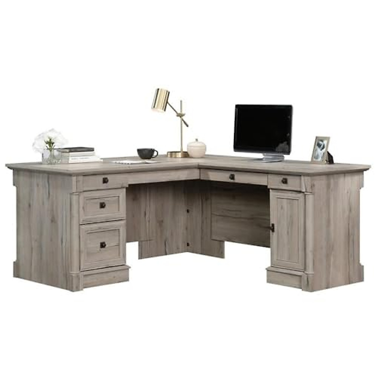 BOWERY HILL Contemporary Engineered Wood Computer Desk with File Drawer, 3 Additional Drawers, Adjustable Shelf, L-Shaped, Easy Assembly, for Home/Office, in Split Oak Finish