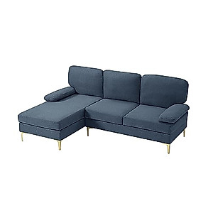 Goohome 79.5'' Linen L-Shaped Left-Hand Facing Sectional Sofa Metal Legs and 2 Detachable Armrest Pillows, Modern 3-Seater Fabric Couches for Living Room Apartment Small Space, A-Dark Blue