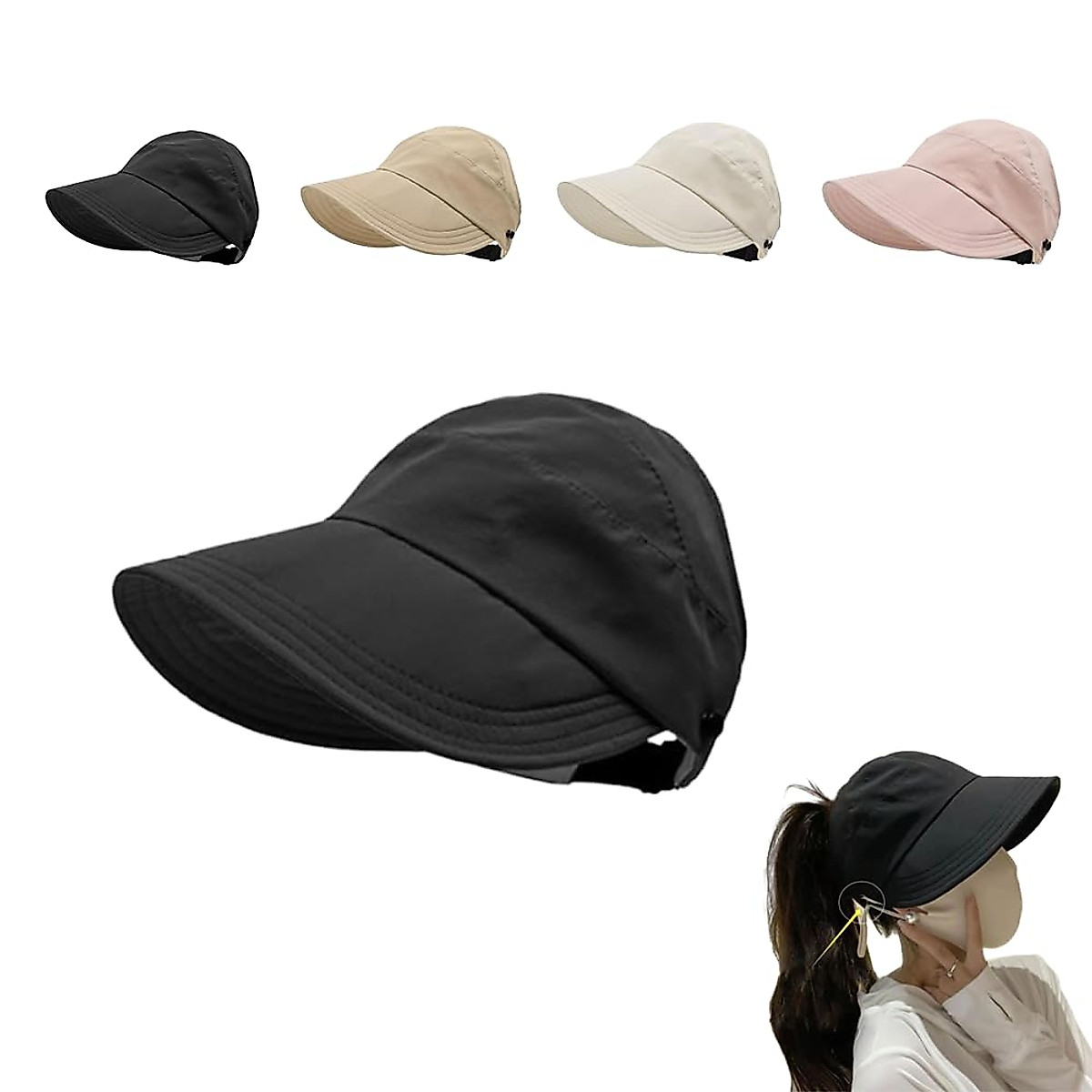 Outdoor UV Protection Hollow Top Sun Hat, 2024 New Sun Hats for Women UV Protection, Ponytail Sun Cap (US, Alpha, Medium, Large, Black)