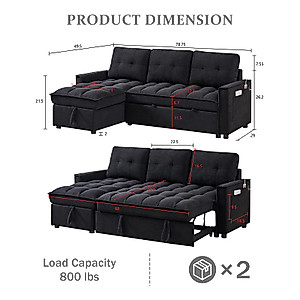 Firscook 78.75" Sleeper Sofa,Chenille Reclining Sofa, Pull Out Bed with Side Pocket and Charging Station,Sectional Sleeper Sofa with Storage Chaise, L-Shaped Sofa Couch Bed for Living Room, Black