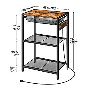 HOOBRO Tall End Table with Charging Station, Industrial Telephone Table with Metal Storage Basket, High Side Table Nightstand for Living Room, Bedroom, Office, Rustic Brown and Black BF06UDH01