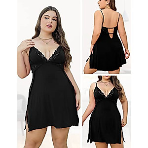 Queenfox Plus Size Babydoll Lingerie for Women Sexy Nightgowns Side Slit Sleepwear V-Neck Babydoll Dress Lace Chemise Black 3XL