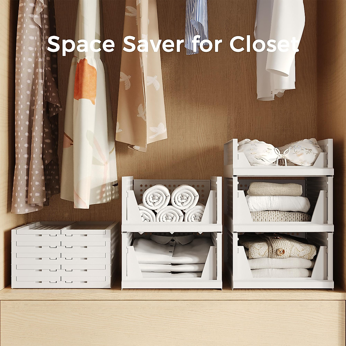 Pinkpum Stackable Plastic Storage Basket-Foldable Closet Organizers and Storage Bins 5 Pack Drawer Shelf Storage Container for Wardrobe Cupboard Kitchen Bathroom Office 5L