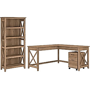 Bush Furniture Key West L Shaped Desk with 2 Drawer Mobile File Cabinet and 5 Shelf Bookcase, 60W, Reclaimed Pine