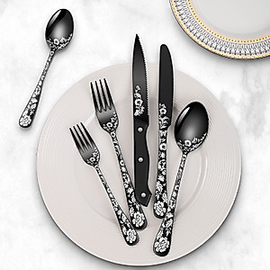 48-Piece Black Silverware Set with Steak Knife, Black Flatware Sets for 8, Stainless Steel Cutlery Set Includes Forks Knives Spoons,Unique Pattern Design，Mirror Polished and Dishwasher Safe