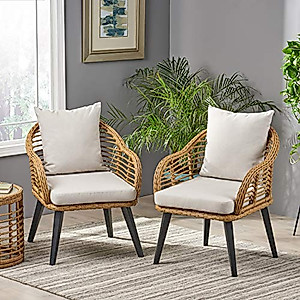 Becky Indoor Wicker Club Chairs with Cushions (Set of 2), Light Brown and Beige