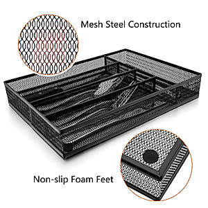 E-far Kitchen Drawer Organizer, Mesh Wire Utensil Tray Drawer Organizer, Black Narrow Metal Silverware Flatware Cutlery Holder/Divider with Foam Feet, 5 Compartment & Small Size - 12.5 x 9.25-Inch