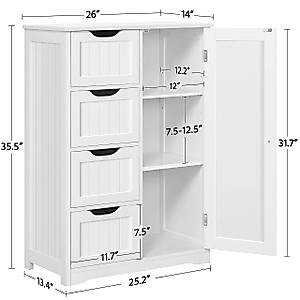 Yaheetech Large Bathroom Floor Cabinet with 4 Dawers and Single Door Cabinet, Freestanding Storage Cabinet Organizer for Bathroom Living Room Hallway, White, 26 x 14 x 35.5 in