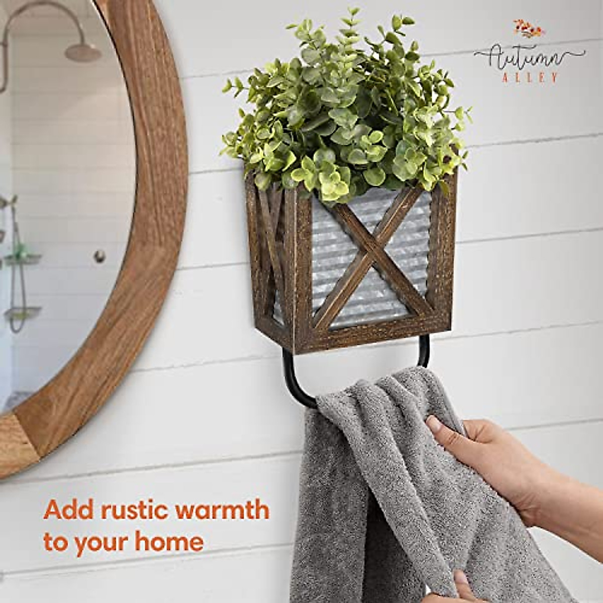 Autumn Alley Farmhouse Decor Rustic Hand Towel Holder - Farmhouse Towel For Bathroom Wall, For Kitchen Wall With Wooden Storage Add Charm to Your Rustic Bathroom Hand Towel Rack and Shelf Decor, Brown