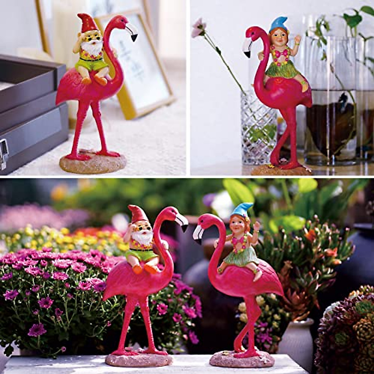 Goodeco Gnome and Flamingo Garden Statue Gifts - Mom Gifts,Flamingo Gifts for Women,Pink Flamingo Figurines Home/Garden Decor,Gift Ideal for Parents 6"×11”(Male)