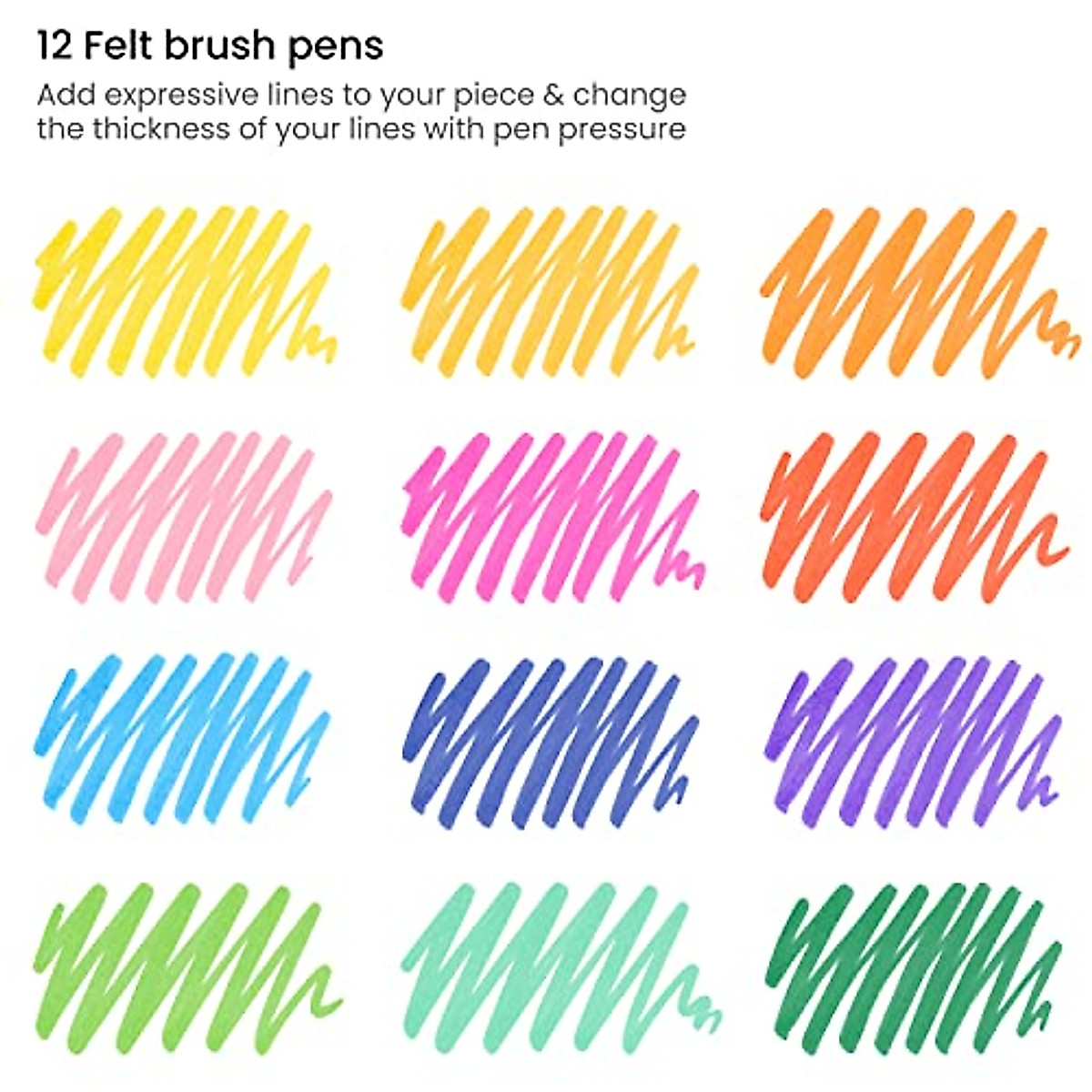 ARTEZA Felt Tip Pens, Set of 12 Bright Brush Tip Calligraphy Pens for Note Taking, Sketching, Cross-Hatching, and Outlining, Dye-Based Ink, Smear-Free