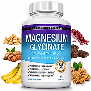 Magnesium Glycinate Complex 525 mg High Absorption 100% DV Chelated - Formulated for Recovery, Maximum Bioavailability Vegan for Men Women, 90 Capsules, Toplux