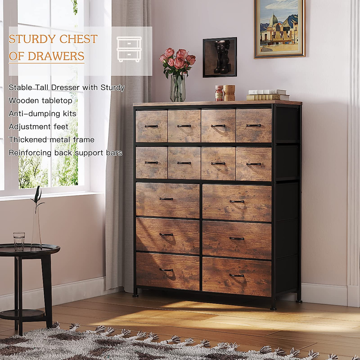 LIVEHOM 14 Dresser Drawer for Bedroom, Tall Dresser with Fabric Storage Drawer, Large Dressers & Chest of Drawers for Kid Room, Closet, Living Room, Entryway (Rustic Brown)