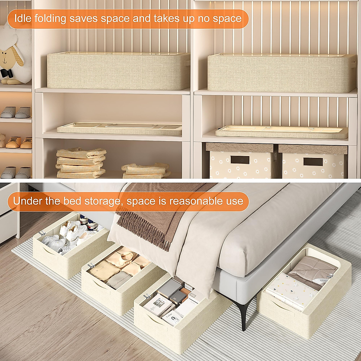 GRSQYS Under Bed Storage Bins with Metal Frame, Shoe Organizer for Closet with Large Clear Windw,Foldable Stackable Linen Fabric Clothes Organizer Bins (Beige, 23.6(L) x13(W) x6(H) inch)
