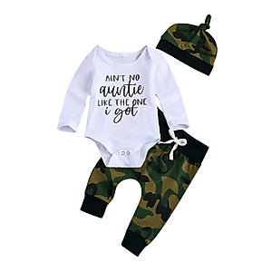 Madjtlqy Aint No Auntie Like The One I Get Baby Boy Clothes Aunties Sayings Bodysuits Camouflage Pants+Hats Romper Set