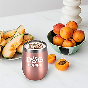 Dog Mom Gifts, Dog Mama Wine Tumbler with Lid, Dog Lover Gifts for Women, Dog Mom, Dog Owner, Friends, Funny Christmas Birthday Mothers Day Gifts, 12 Oz Insulated Stainless Steel Tumbler, Rose Gold