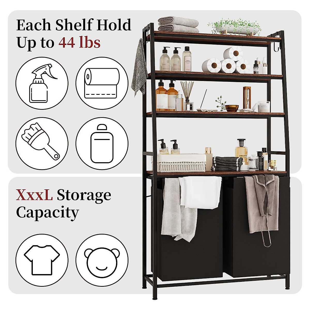 Moozerka Laundry Hamper with Shelves and Hooks, 4 Tiers Tall Laundry Basket with 2 Removable Laundry Bags, Laundry Sorter with Ladder Shelves for Laundry Room Bathroom Bedroom