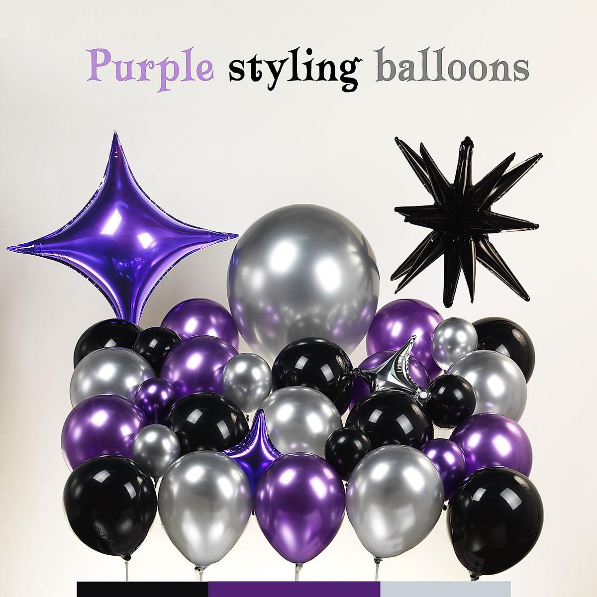 Chrome Purple Black silver Balloon garland kit 126Ppcs with large star balloons for women 21/30th Birthday graduation Prom Halloween Wednesday party 2025 grad party Decorations