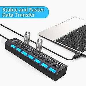 Multi Port USB Splitter, 7 in 1 USB Port 2.0 Hub with High Speed Individual ON/Off Switches and LEDs USB Port Expander (7-Port USB)