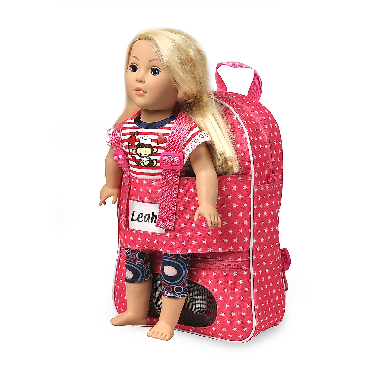 Badger Basket Delightful Doll Travel Backpack with Plush Friend Compartment – Perfect for 18-Inch Dolls with Stylish Pink Star Design