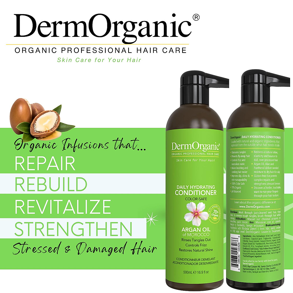 DermOrganic Argan Oil Daily Hydrating Hair Care-Sulfate Free & Color Safe-CONDITIONER 16.9 oz