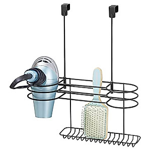 mDesign Metal Over Cabinet Door Bathroom Hair Care & Styling Tool Storage Organizer Hanging Basket for Hair Dryers, Flat Irons, Curling Wands, Hair Straighteners, Brushes, Combs, Accessories - Black