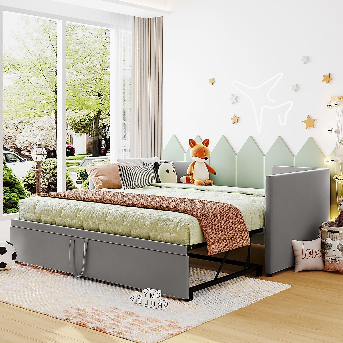 JIVOIT Twin to King Design Upholstered Daybed, Velvet Twin Size Upholstered Daybed with Extendable Trundle, Wooden Daybed Sofa Bed Frame with Wood Slats Support for Kids Teens (Gray 8)