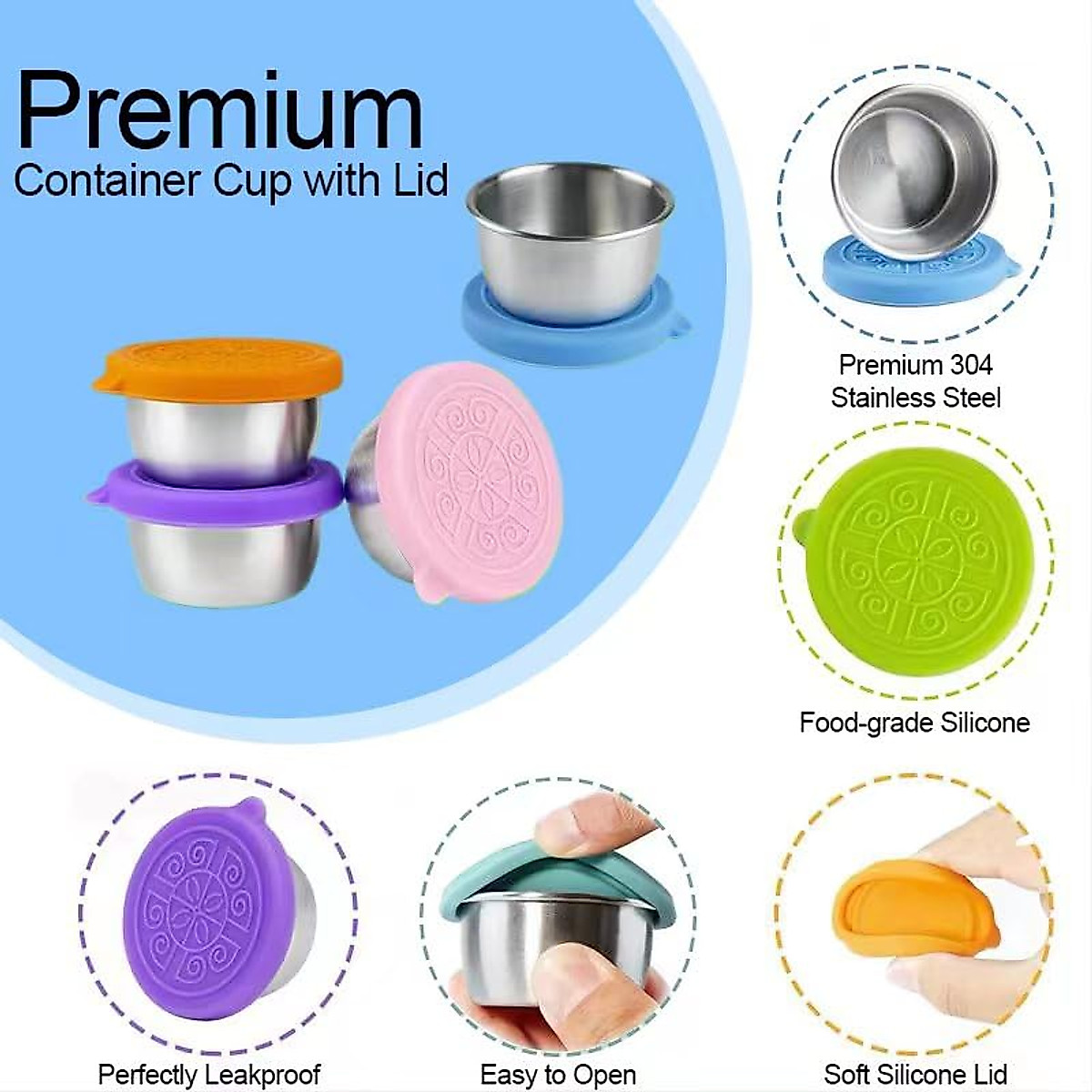 Msbjeuii Salad Dressing Container, 6Pack Sauce Cups Reusable Stainless Condiment Containers with Lids Salad Containers To Go for Lunch Box 1.6OZ