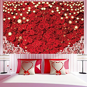 BINQOO 7x5ft Valentine's Day Red Rose Photography Backdrop Red Floral Wall Background Wedding Bridal Shower Women Party Red Flowers Wall Background Girls Birthday Party Supplies