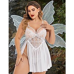 Avidlove Plus Size Lingerie for Women Sexy Lace Babydoll Nightgown Strap Chemise V Neck Sleepwear Mesh Nightwear Side Slit Nightie White