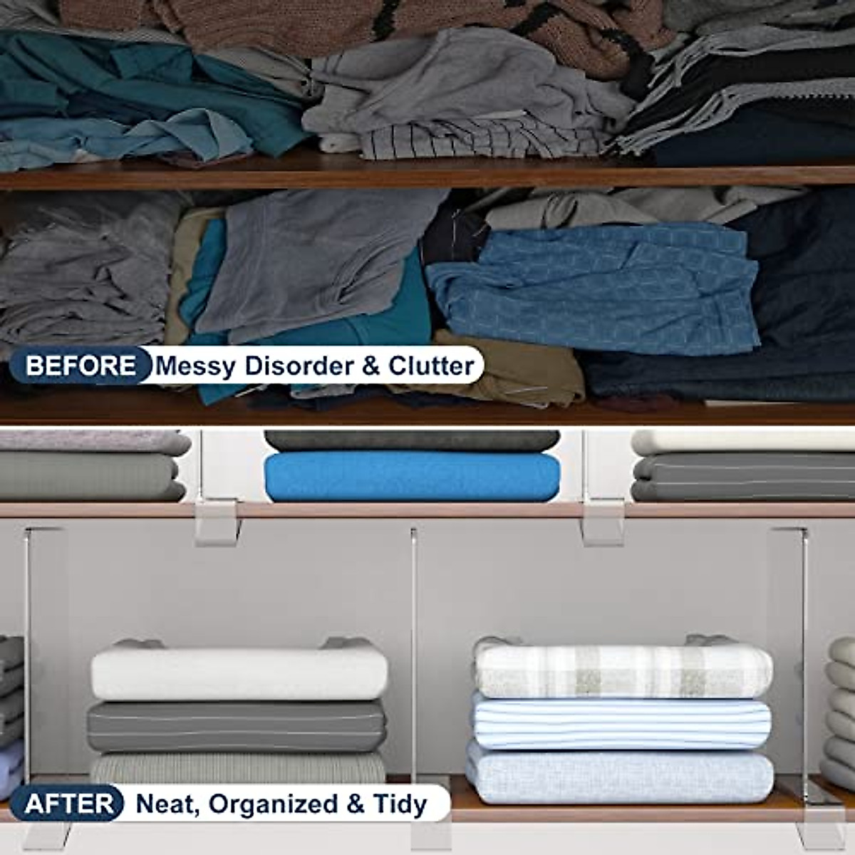 GOFI Closet Dividers for Shelves - 8 PCS Clear Acrylic Shelf Dividers for Closet Organization, Shelf Separators for Clothes Purses Towels Linen Books in Bedroom Kitchen Cabinets Office Bookshelf