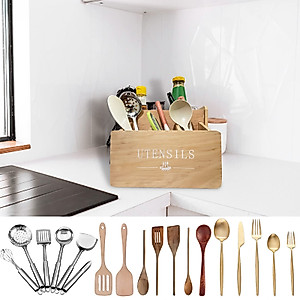 Yleric kitchen utensil organizer for countertop,wooden utensil holder organizer-5 compartments with splints,The tableware rack is used for storing knives, forks, spoons and napkins. (natural)