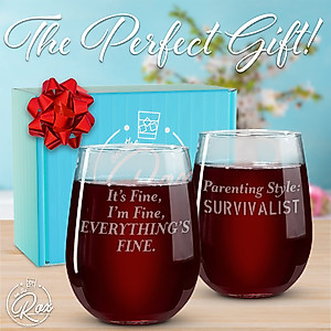 On The Rox Drinks Wine Gifts for Moms - 17oz Everything's Fine and Survivalist Stemless Wine Glass Set of 2 - Funny Mom Gifts for Mother's Day, Christmas, Birthday - Daughter's Best Mom Ever Gift