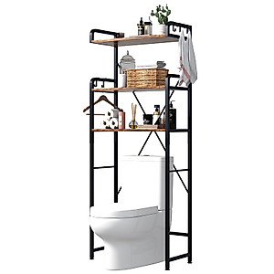 Huhote Over The Toilet Storage Rack with 3-Tier Bathroom Shelves, Space Saver Toilet Shelf, Bathroom Storage Organizer with Hooks for Over Toilet Storage and Bathroom Shelf (Rustic Brown)