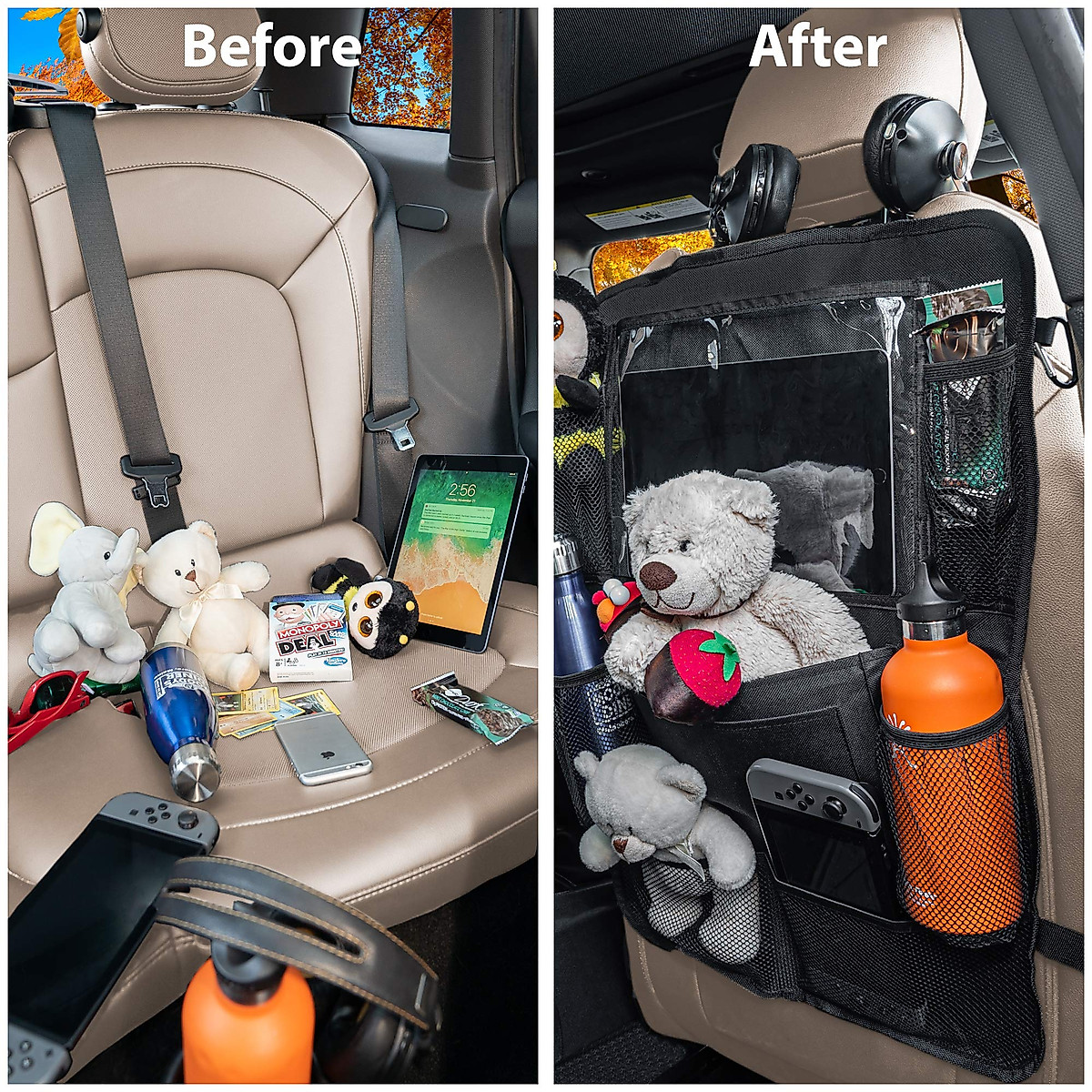 VERONA SUPPLIES Car Seat Organizer 2 Pack with Kick Mats - Muti-Pocket Back Seat Storage Bag with Touch Screen Tablet Holder, to Organize Toy, iPad, Bottle, Snacks, Books