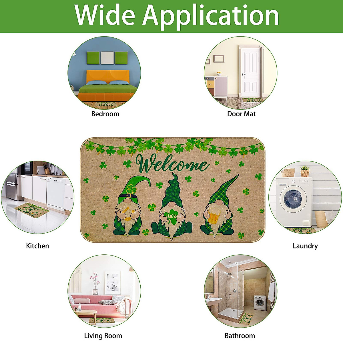 Nuanchu St. Patrick's Day Gnome Mat Welcome Decorative Doormat C Irish Non Slip Rubber Floor Mat Indoor Outdoor Entrance Bathroom Rug for Home Office Garden, 17 x 29 Inch