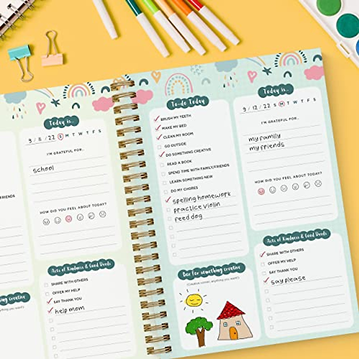 Kids To Do Chore List Daily Task Checklist Planner Time Management Notebook by Bright Day Non Dated Flex Cover Spiral Organizer 8.25 x 6.25 (Rainbows)