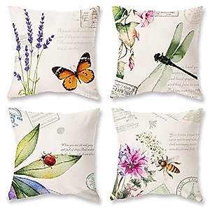ONWAY Spring Summer Throw Pillow Covers 20x20 Inch Set of 4 Bee Butterfly Decorative Farmhouse Throw Cushion Cover Outdoor Pillows for Couch Sofa Patio Furniture Porch