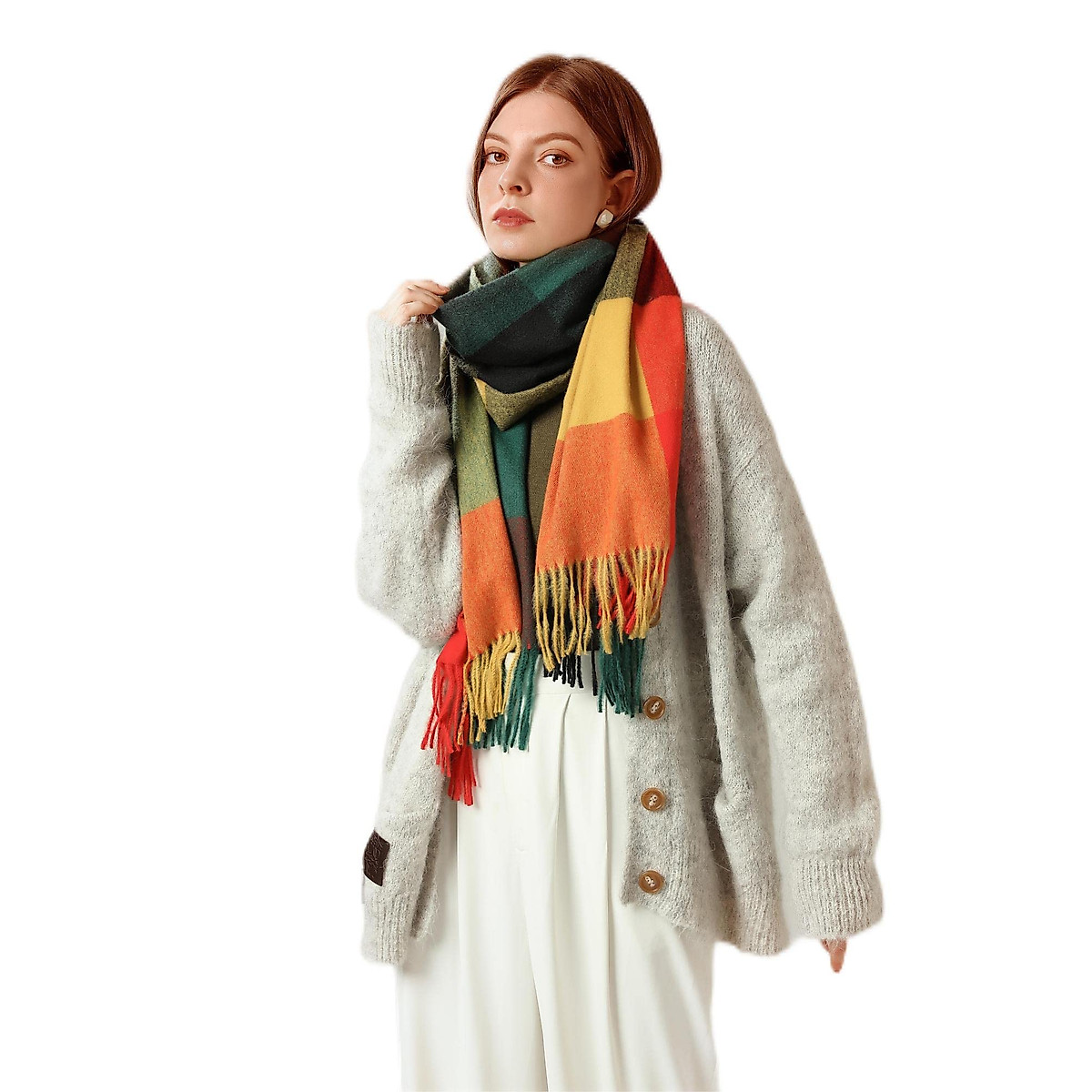 PCIQUTE Tartan Plaid Scarves for Women Winter,Long Scarves for Women with Fringe,Super Soft Scarf for Women Winter（Plaid, turmeric green）