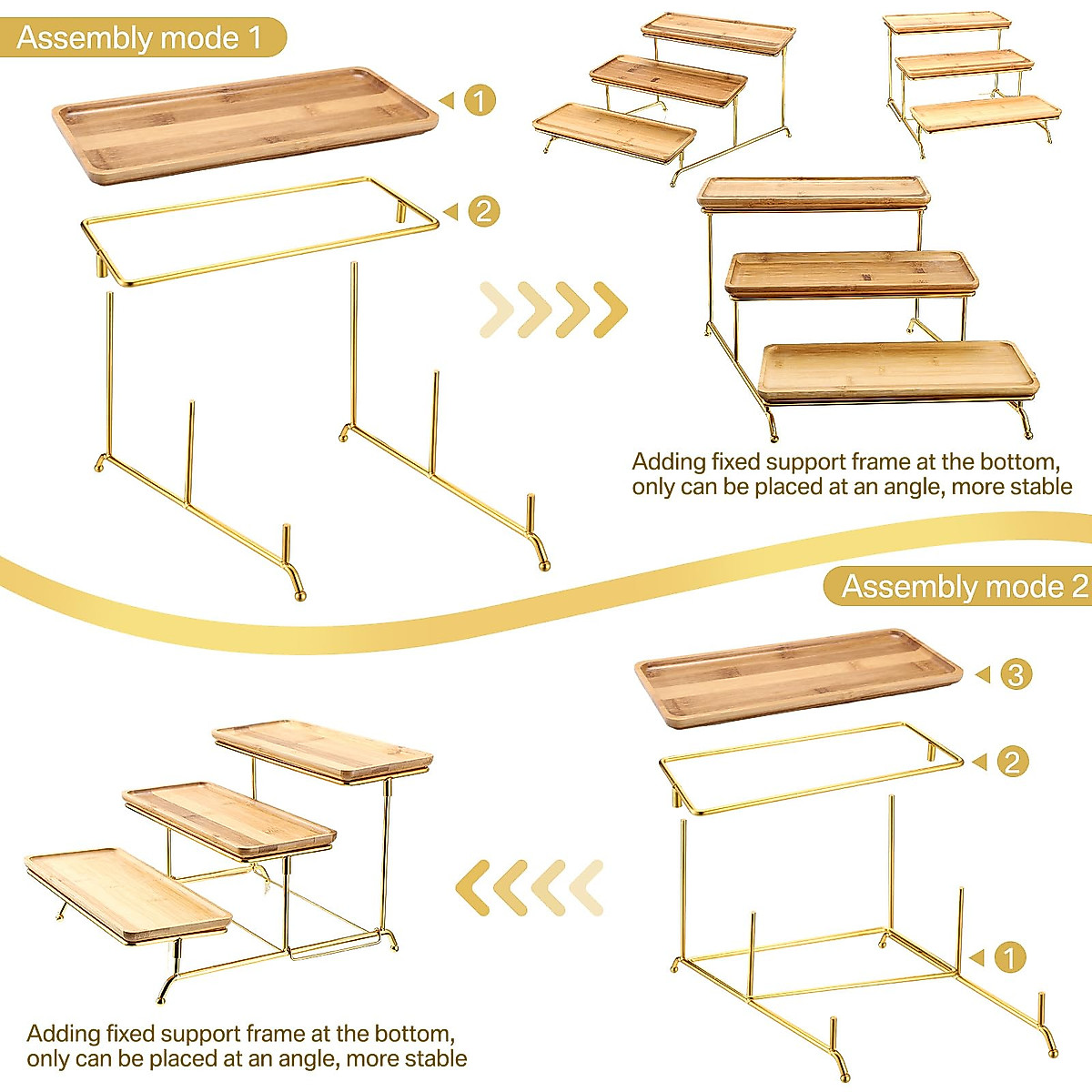 Thyle 2 Pcs 3 Tier Serving Trays Stand Rectangle Bamboo Tiered Serving Platters Dessert Table Display Set with 4 Pcs Tongs Trays with Metal Rack for Easter Wedding Party Food Cupcake(Gold)