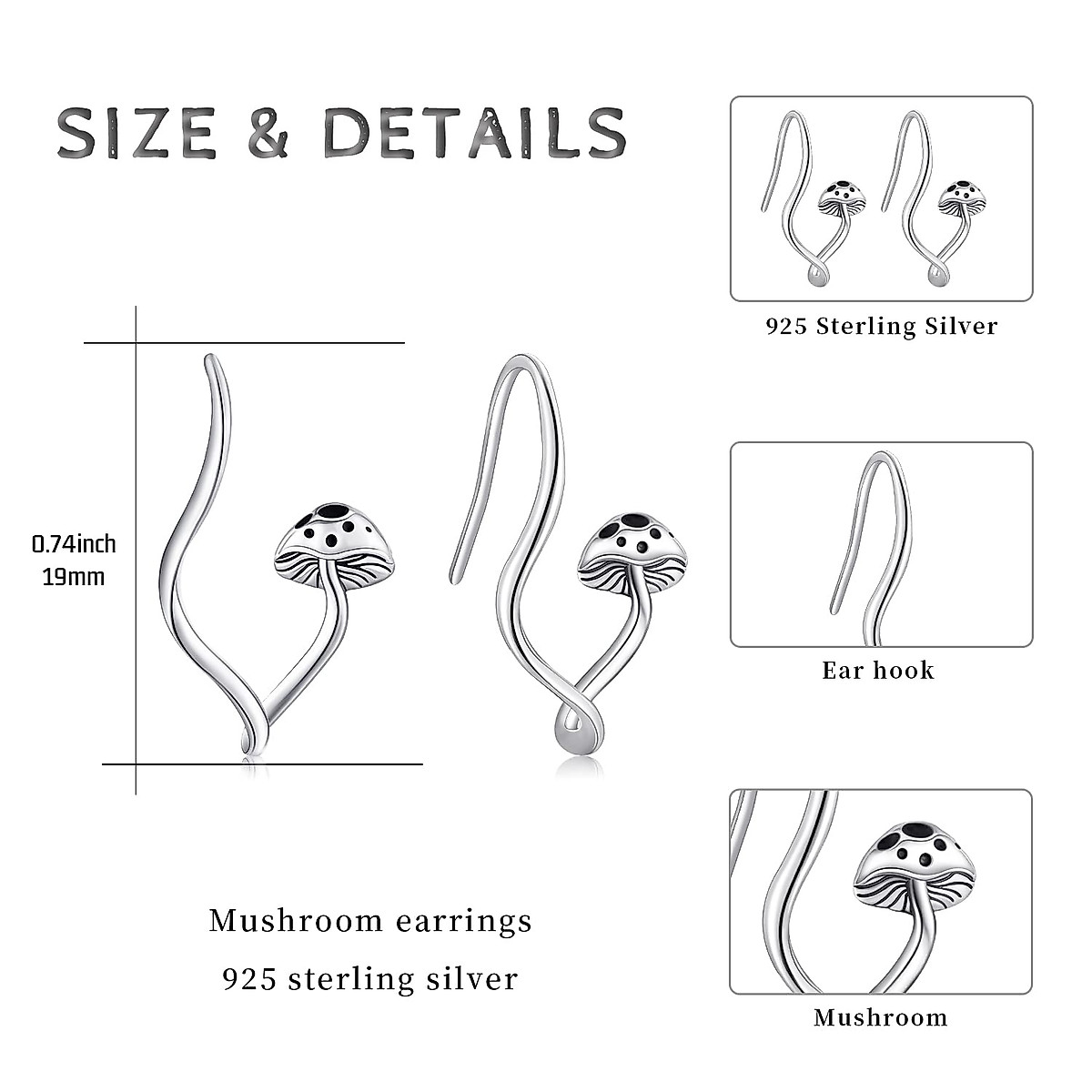 Mushroom Earrings Silver 925 Black Weird Mushroom Earhook Mushroom Jewelry Gifts for Women Hypoallergenic Earrings for Sensitive Ears