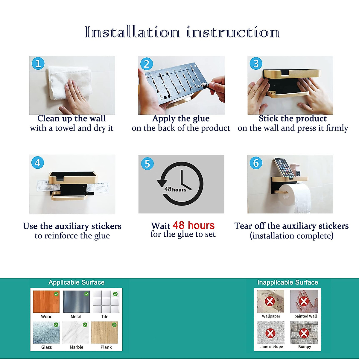 ROZZWILD Toilet Paper Holder with Shelf Adhesive Wall Mounted No Drill Aluminium Alloy Stainless & Rustproof Toilet Paper Roll Dispenser Bathroom Organizer Storage Rack Matte Black Gold