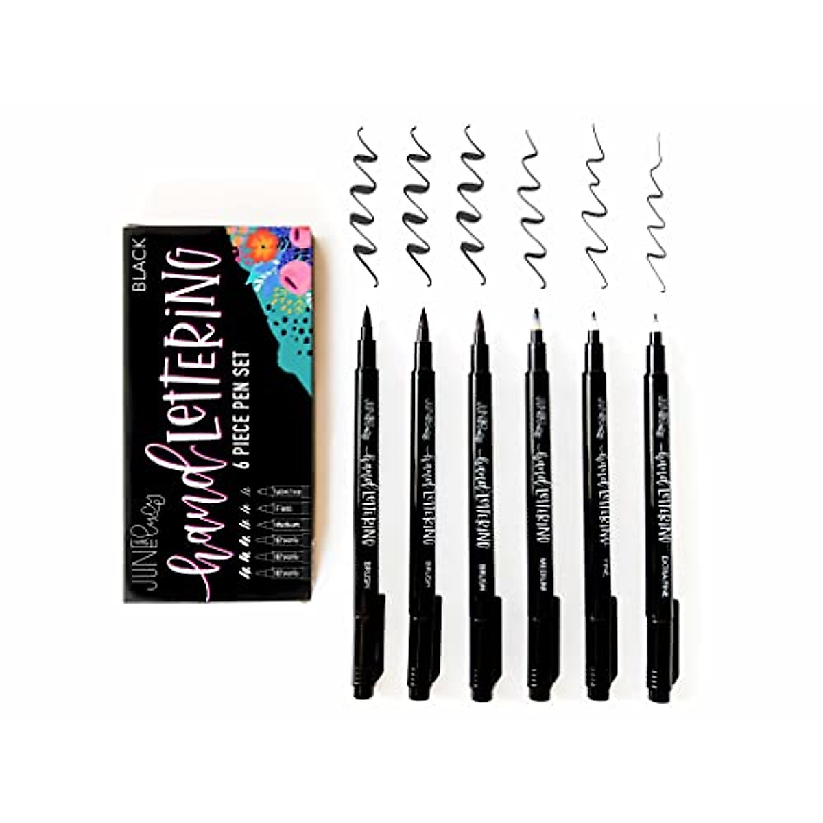June & Lucy Brush Pens - Calligraphy Pens for Journaling with Black Pen Brush Ink 6 Piece Modern Hand Lettering and Modern Calligraphy Set for Beginners, Brush Pens & Markers with Felt Tip