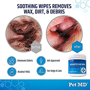 Pet MD Cat and Dog Ear Cleaner Wipes - Advanced Otic Veterinary Ear Cleaner Formula - Dog Ear Infection Treatment Helps Alleviate Ear Infections - 100 Alcohol Free Ear Wipes with Soothing Aloe Vera