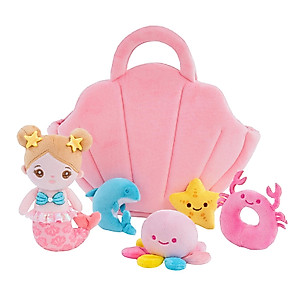 OUOZZZ 15" Soft Baby Doll for Girls Black Hair Pink Dress & Baby Girl Gifts Mermaid Toys - 6 Pieces Plush Toys Stuffed Animal Playset