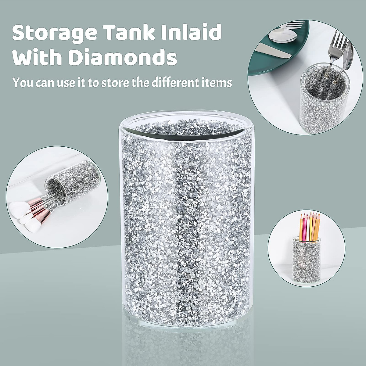 Crushed Diamond Silver Glass Kitchen Utensil Holder Round for Countertop Flatware Utensil Organizer Home Decor Sparkly Gift (Silver)