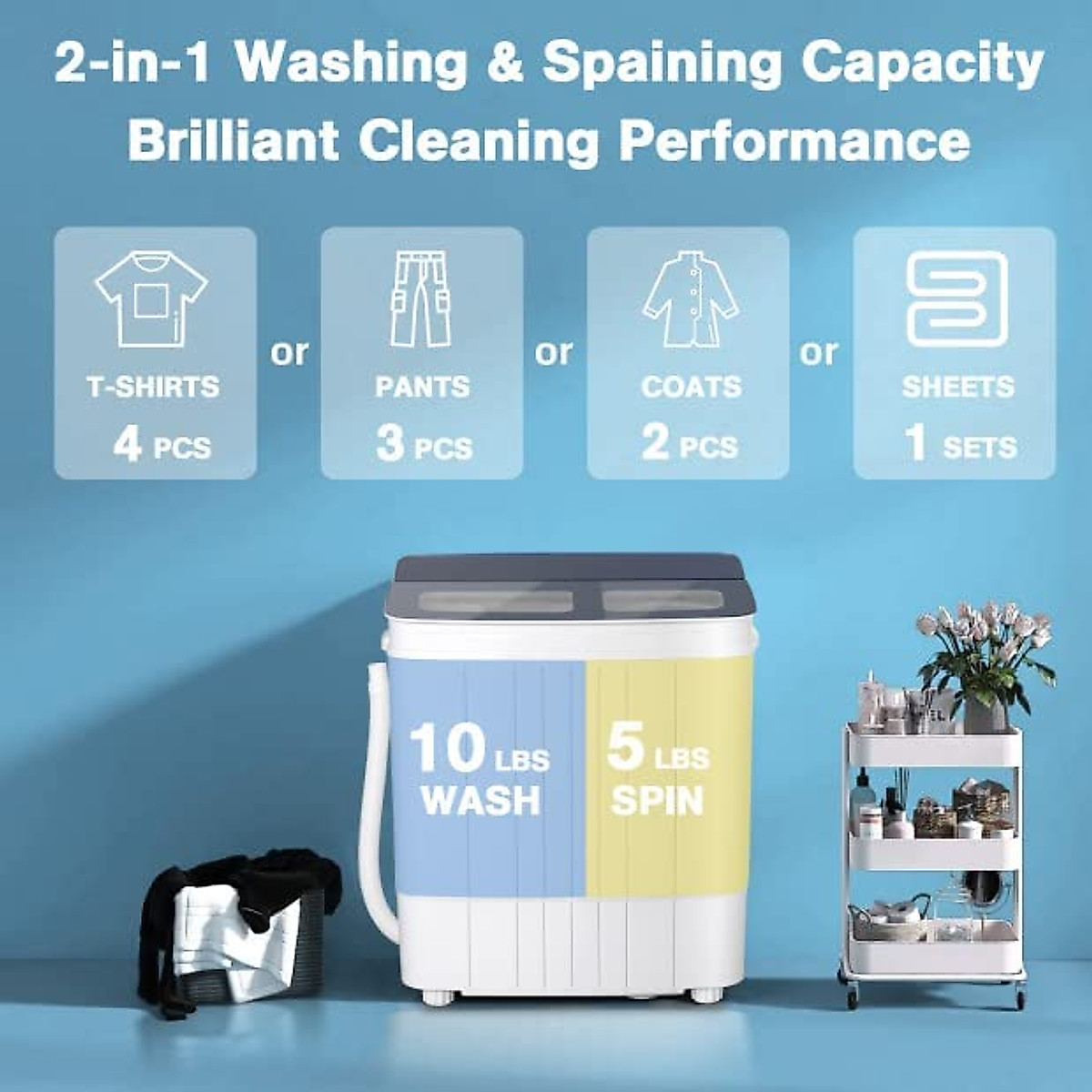 Bonusall Portable Washing Machine Compact 17.6 lbs, Mini 2IN1 Washer and Spin Dryer Combo with Built-in Gravity Drain, Small Twin Tub Washing Machine for Apartment Dorms RV, Grey