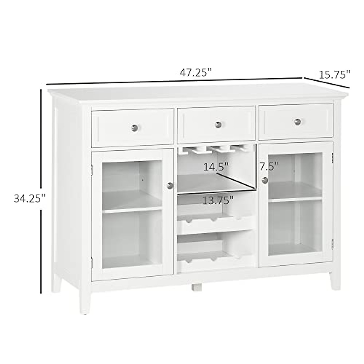 HOMCOM Coffee Bar Cabinet with 3 Drawers, 6-Bottle Wine Rack, Stemware Racks, Glass Door, Sideboard Buffet Cabinet, Wine Cabinet, White