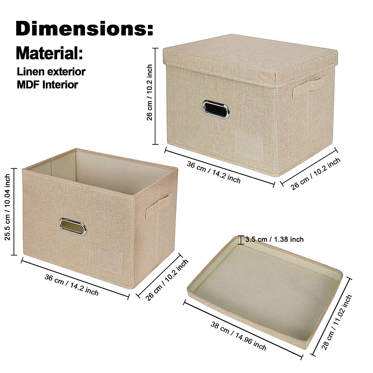 Foldable Storage Boxes with Lids Linen Fabric Collapsible Clothing Bin Organizer Baskets Containers with Carry Handles Transparent Slot Design for Home Bedroom Office Kids Room (Khaki, 3 Pack)