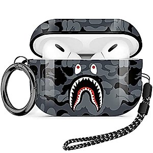 Fashion Pattern AirPods Pro 2nd Generation Case 2022,for Men Women Shark Tooth Camo Softshell Full Body Shockproof Protective Cover for New AirPod Pro 2 with Keychain/Hand Strap (Black Shark)
